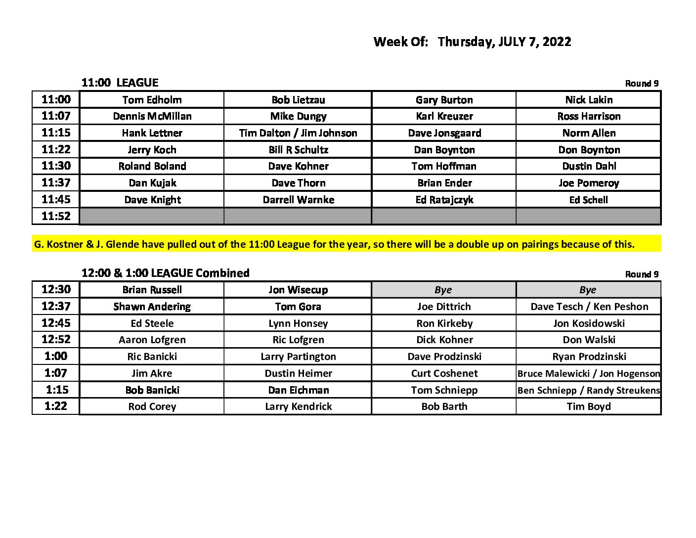 1100 Lg and 1200 100 Combined Lg Tee Times and Pairings July 7 2022 (R9 ...