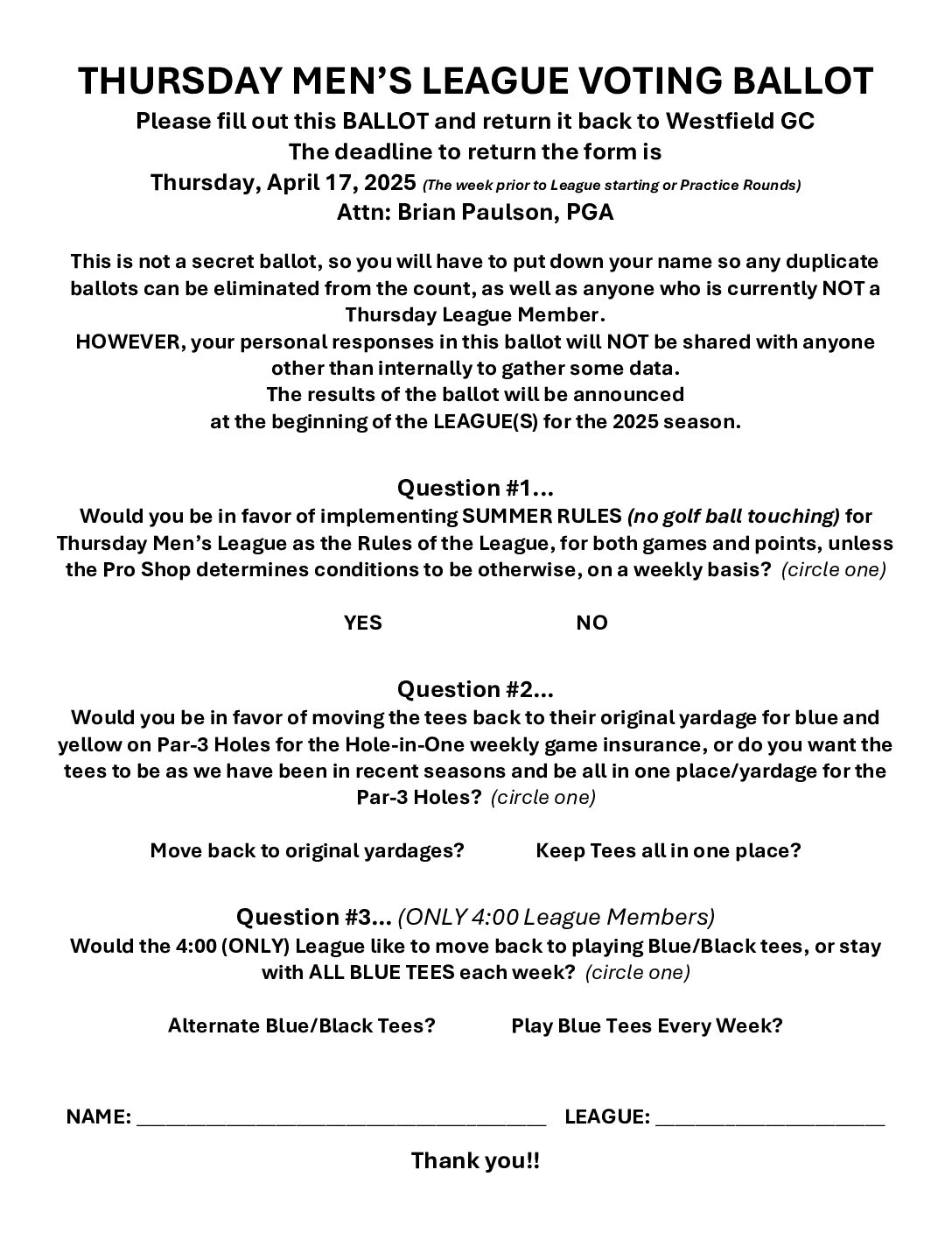 Thursday Mens League Voting Ballot for 2025 PDF – Westfield Golf Club
