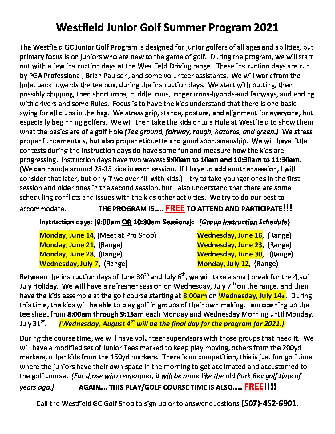 Westfield GC Summer Junior Golf Program 2021 PDF – Westfield Golf Club